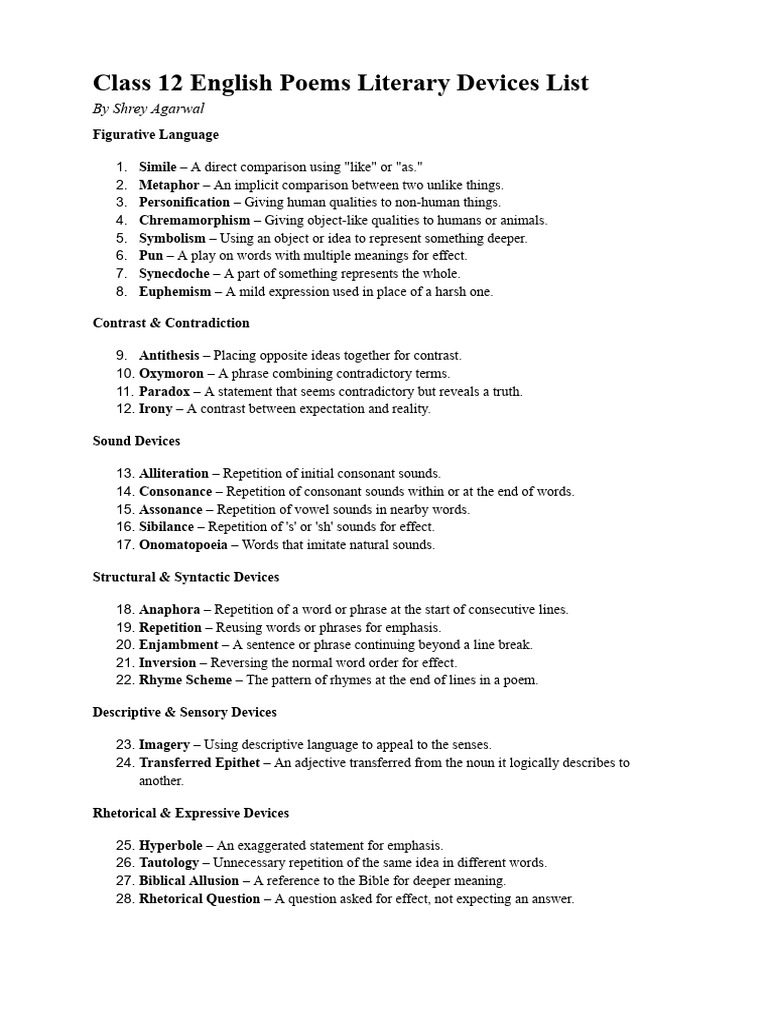 Class 12 English Poems Literary Devices List | PDF
