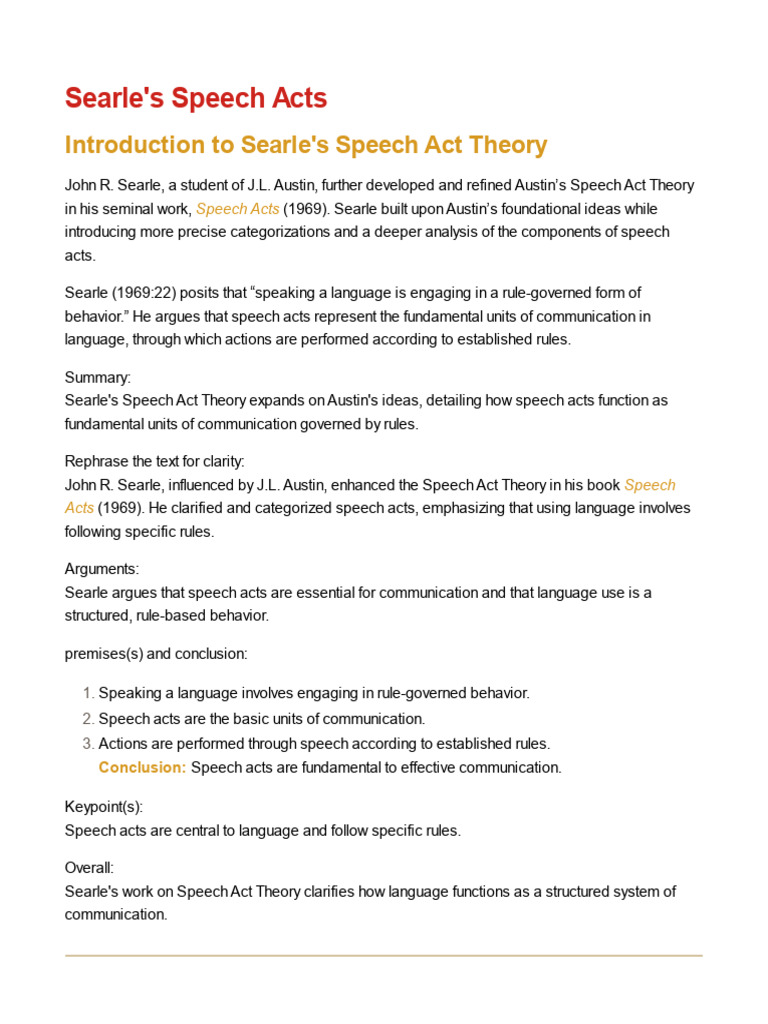 Understanding Searle's Speech Acts and The Form-Function Relationship in Language | PDF ...