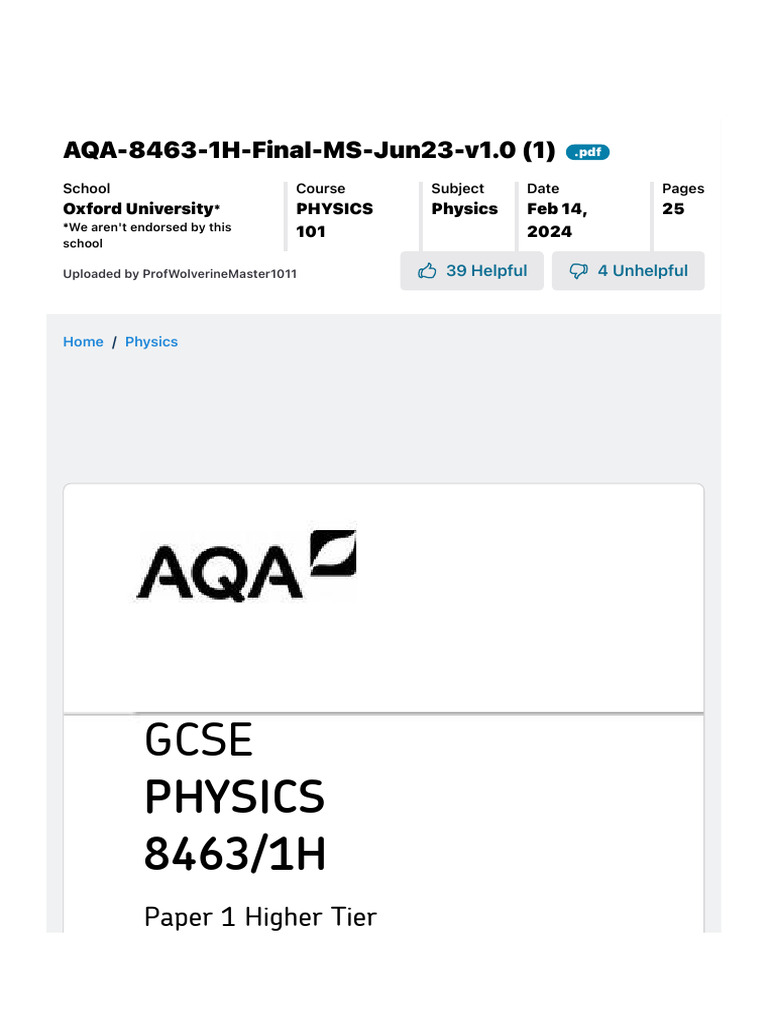 AQA 8463 1H Final MS Jun23 v1.0 (1) (PDF) Course Sidekick | PDF | Radioactive Decay | Radiation