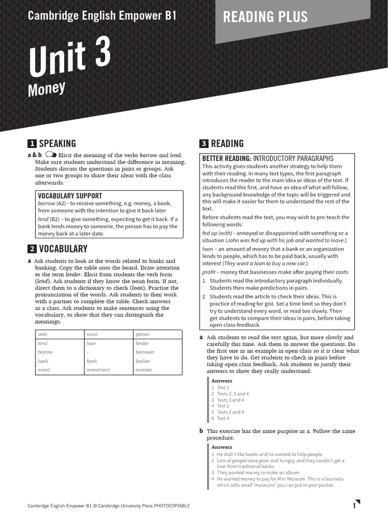 Unit 3 Reading Plus Teacher's Notes | PDF | Loans | Banks