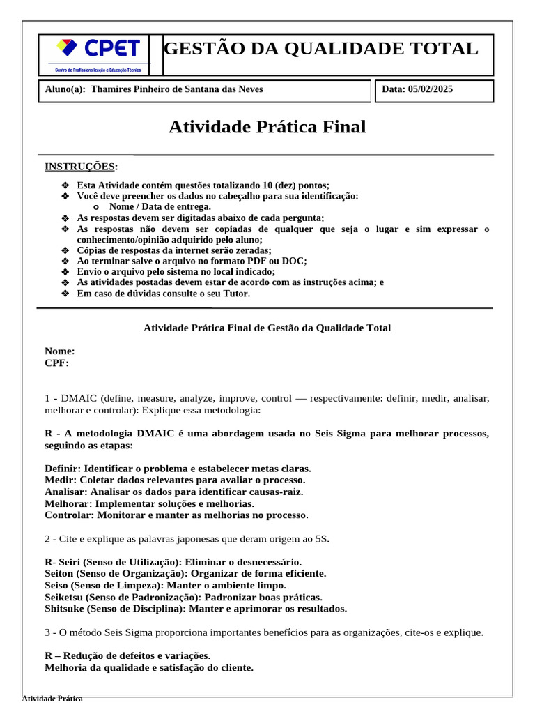 Atividade Prática em Gestão da Qualidade Total | PDF | Seis Sigma | Qualidade (negócios)