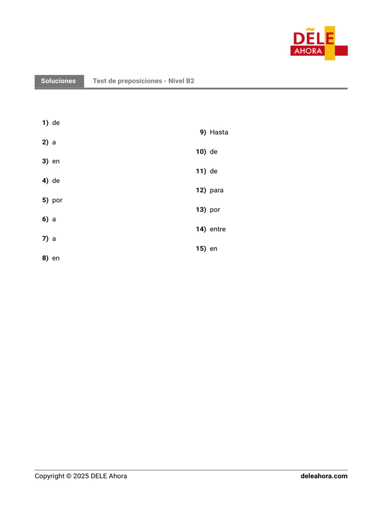 Test de Preposiciones B2: Soluciones | PDF