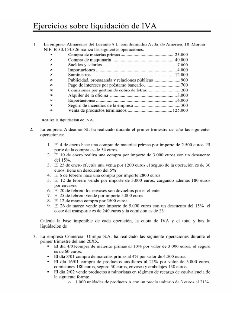 Ejercicios Sobre Liquidacion de IVA | PDF