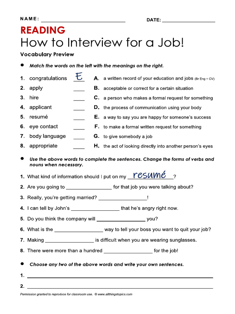 How To Interview For A Job (Several Exercises) | PDF