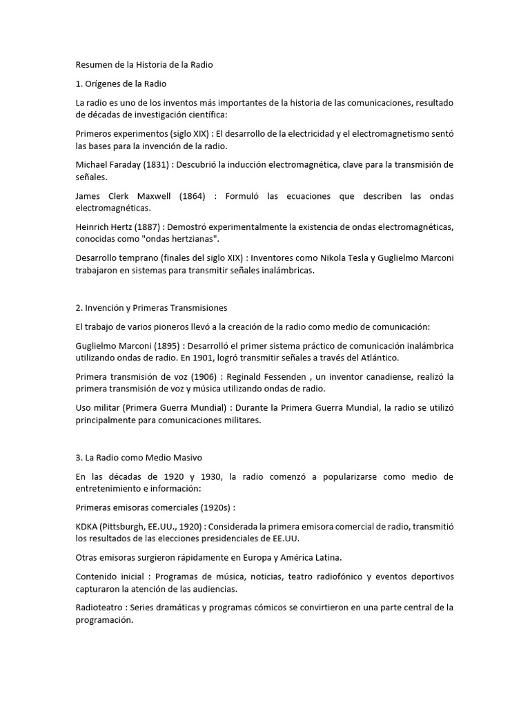 Resumen de la Historia de la Radio | PDF | Radiodifusión | Inalámbrico