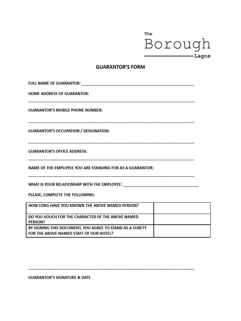 The Borough Lagos Guarantor's Form | PDF