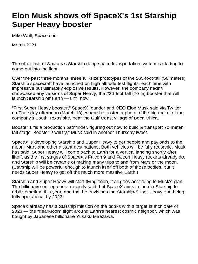 1 Elon Musk Shows Off SpaceX's 1st Starship Super Heavy Booster | PDF