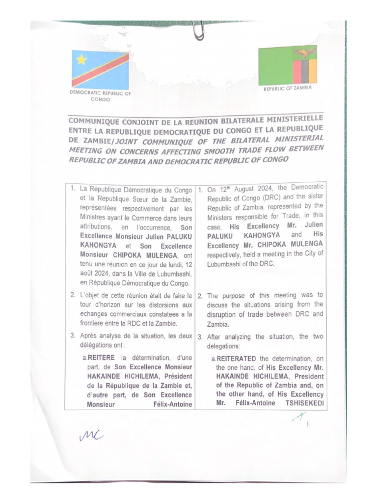 Joint Communique On Bilateral With DRC - AUG2024 | PDF
