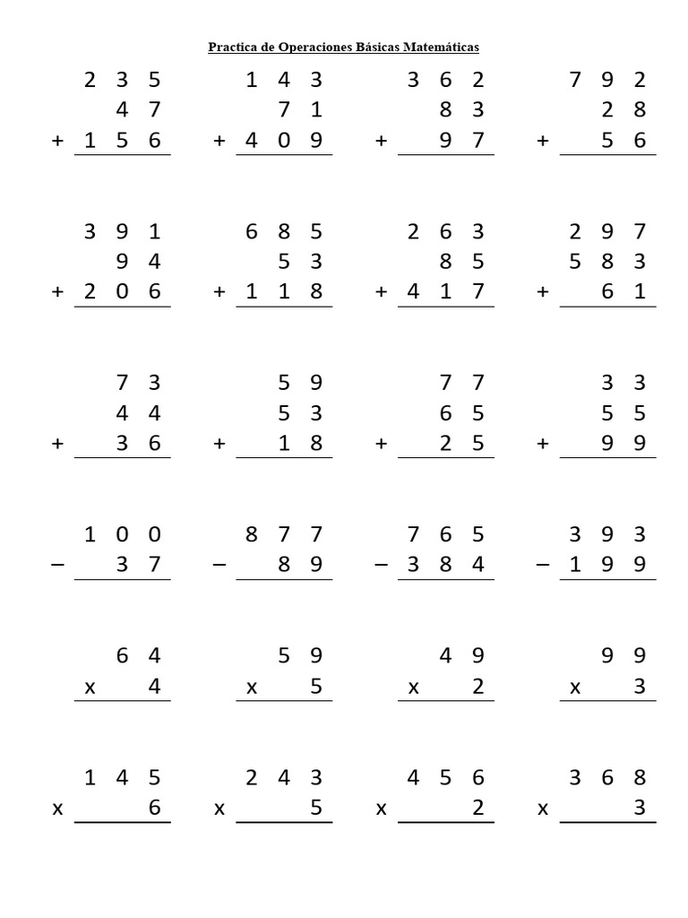 Practica de Operaciones Básicas Matemáticas | PDF