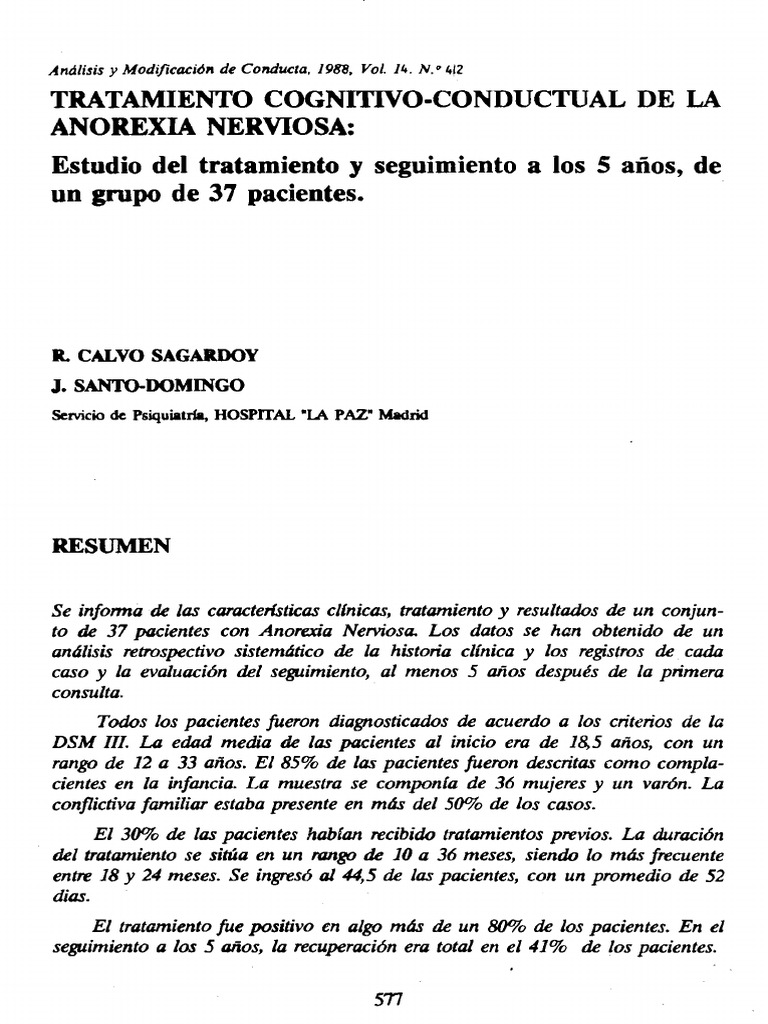 Tratamiento Cognitivo-Conductual de LA Anorexia Nerviosa: Estudio Del ...