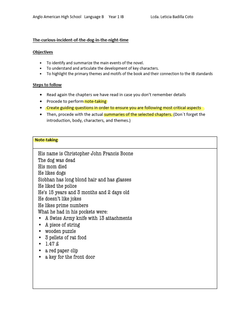 The-Curious-Incident-Of-The-Dog-In-The-Night-Time - Activity 1 - Year 1 ...