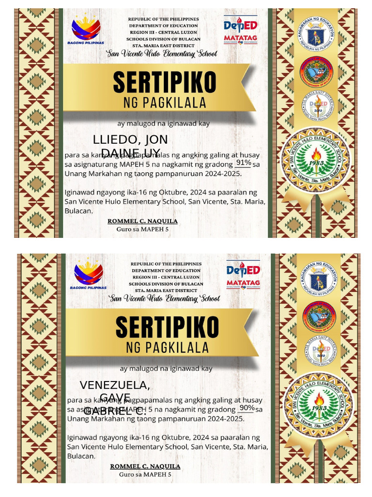 Sertipiko NG Pagkilala Fil 5 | PDF