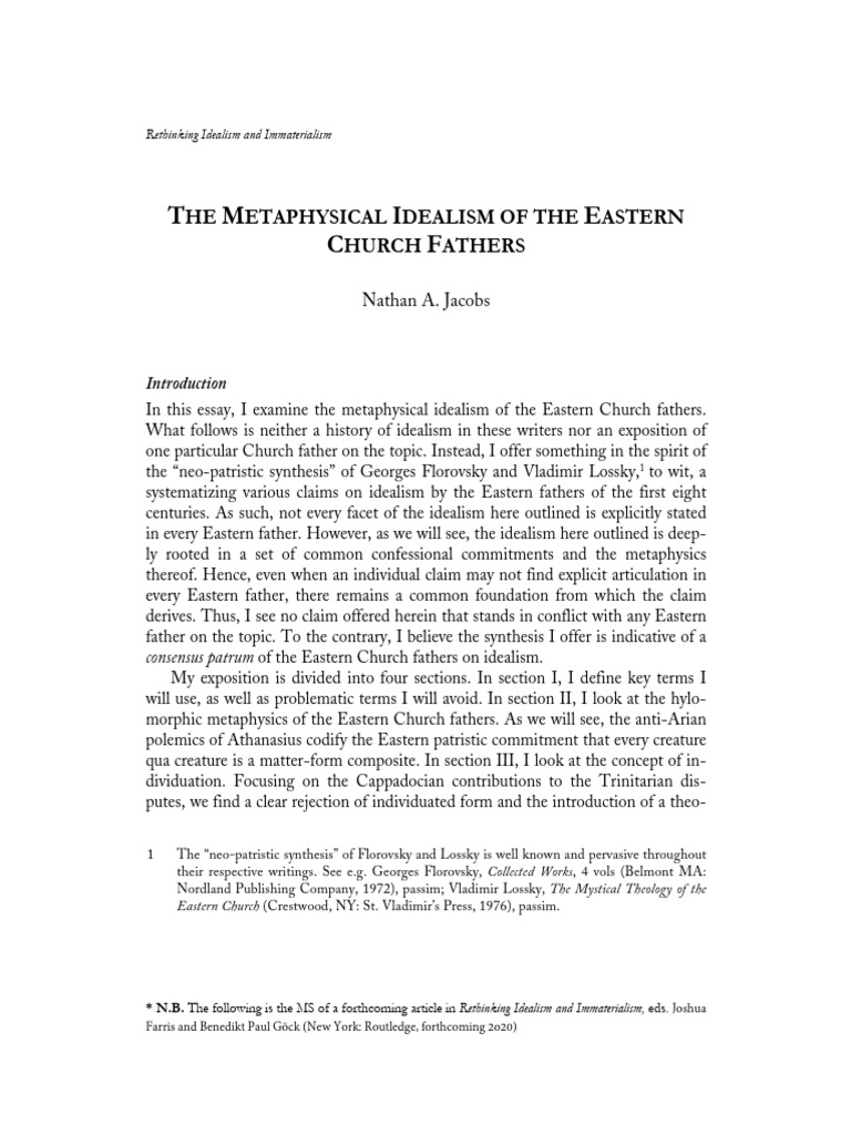 The Metaphysical Idealism of The Eastern Church Fathers | PDF ...