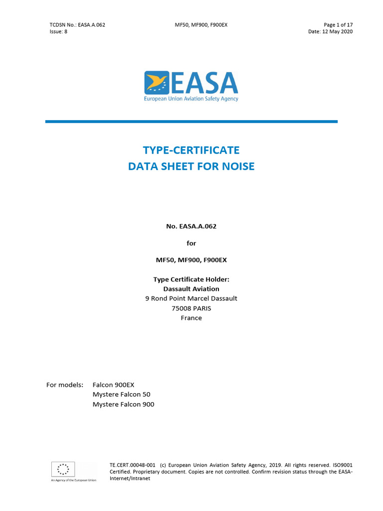 EASA.A.062 TCDS For Noise Issue 8 Dassault Aviation Falcon MF50 MF900 ...