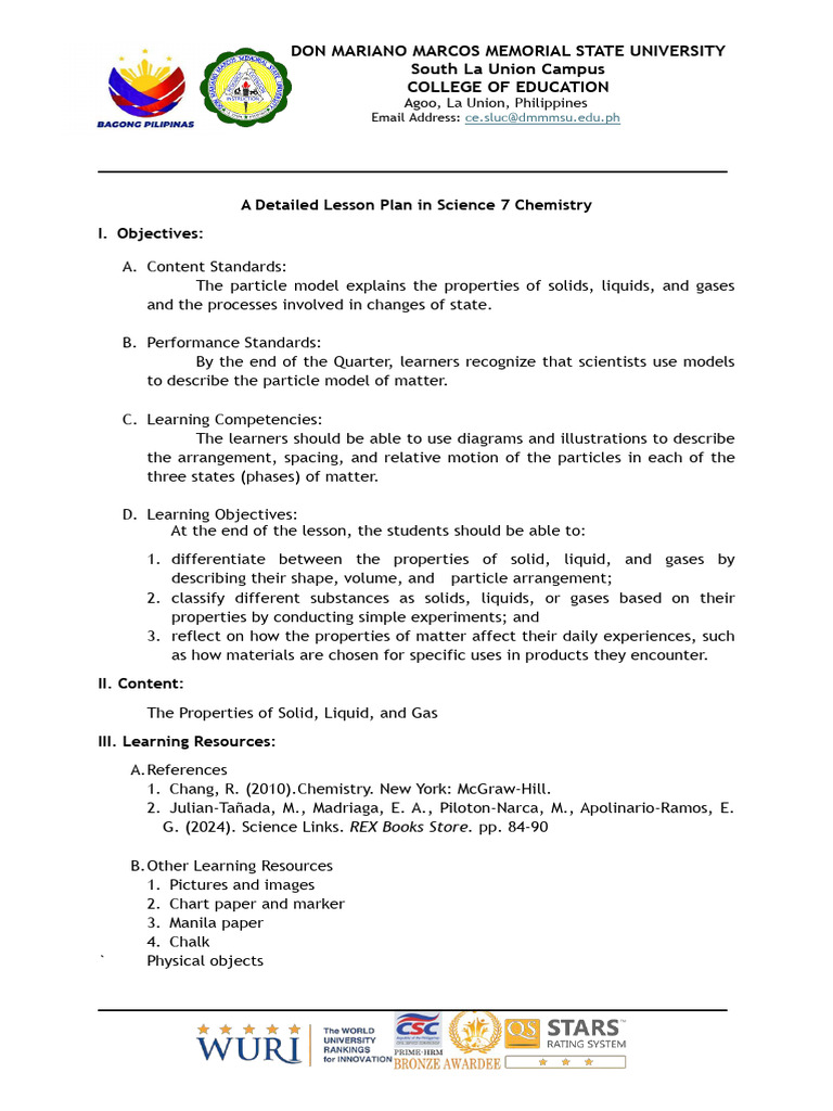 Jovert Chemistry 7 Lesson Plan (5) | PDF | Gases | Matter