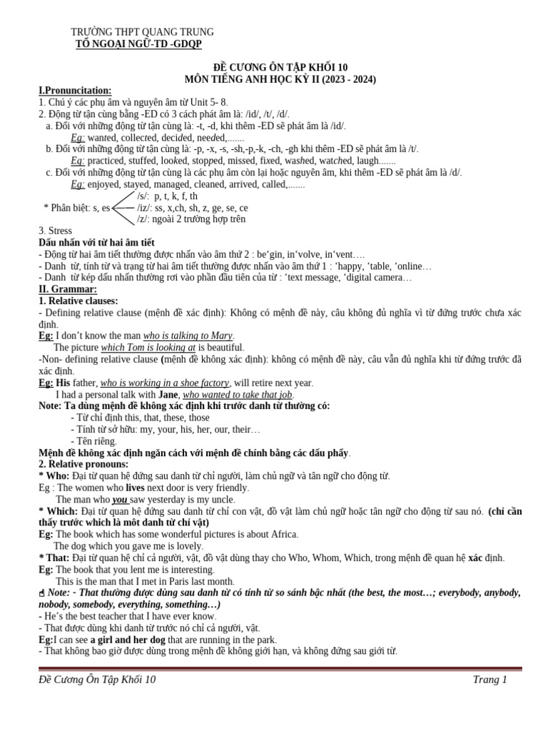 ĐỀ CƯƠNG ÔN TẬP KHỐI 10 HKII - 2024 | PDF