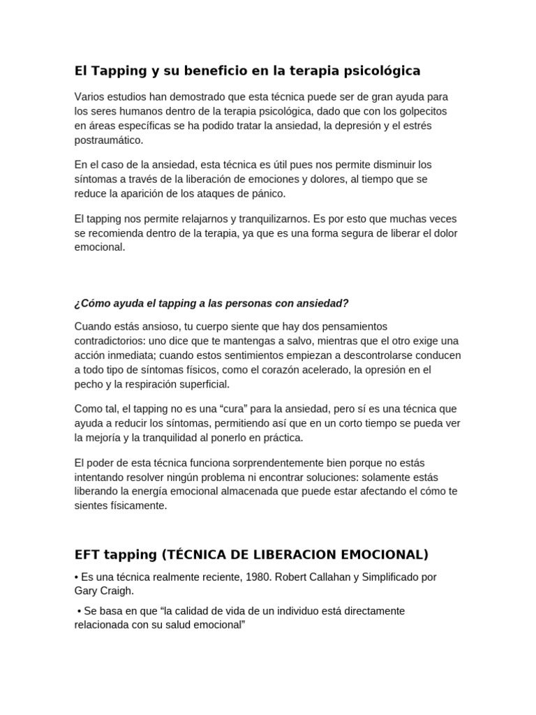 Beneficios del Tapping en Terapia Psicológica | PDF | Ansiedad | Las ...
