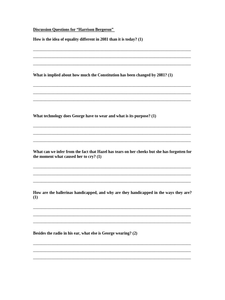 Harrison Bergeron Discussion Questions Gr12 | PDF