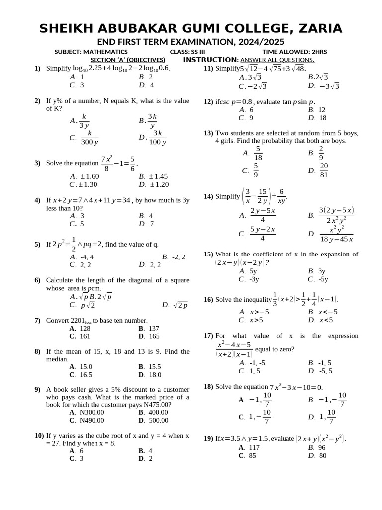 MATHS SIS 3 1ST TERM | PDF | Mathematics | Mathematical Objects