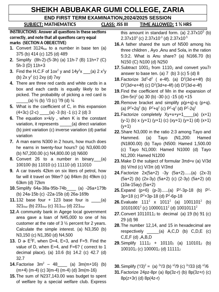 Mathematics JSS3 First Term 2024 | PDF | Elementary Mathematics ...