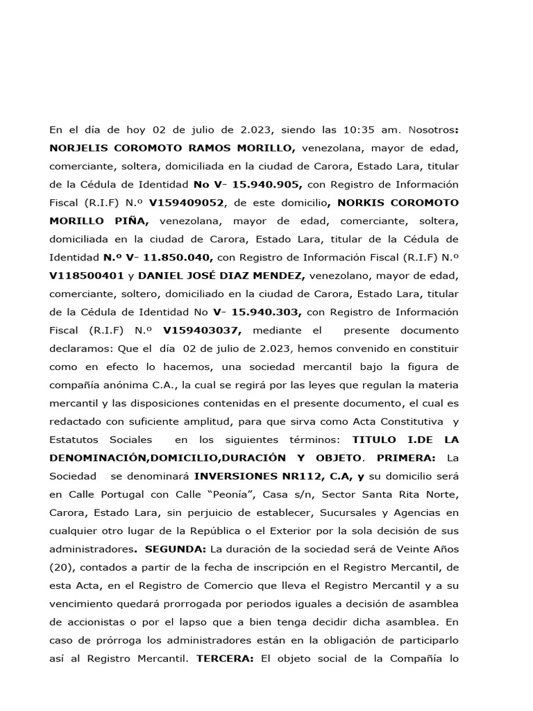 Acta Inversiones Nr122 Dennys | PDF | Alimentos | Compartir (Finanzas)