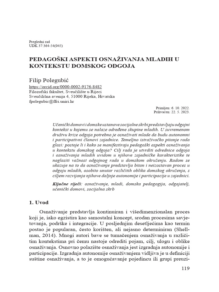 Pedagoški Aspekti Osnaživanja Mladih U Kontekstu Domskog Odgoja | PDF