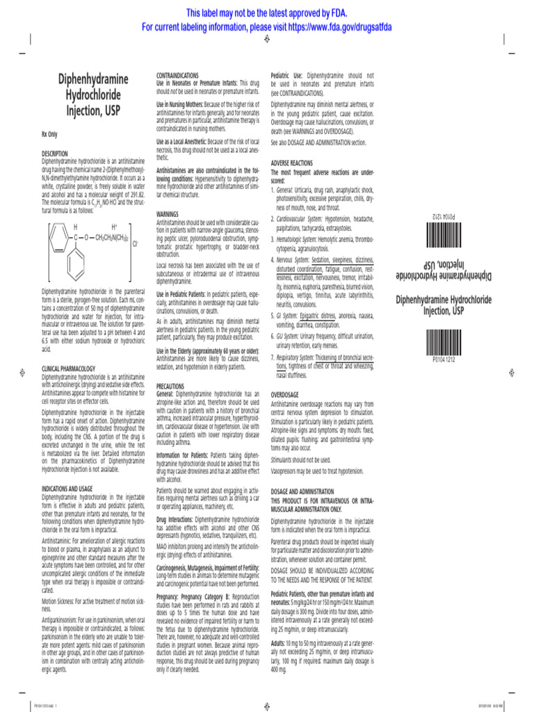 Diphenhydramine Injection Overview | PDF | Pharmacology | Clinical Medicine