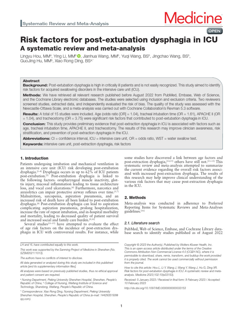 Hou 2023. Risk Factors For Post-Extubation Dysphagia in The ICU ...