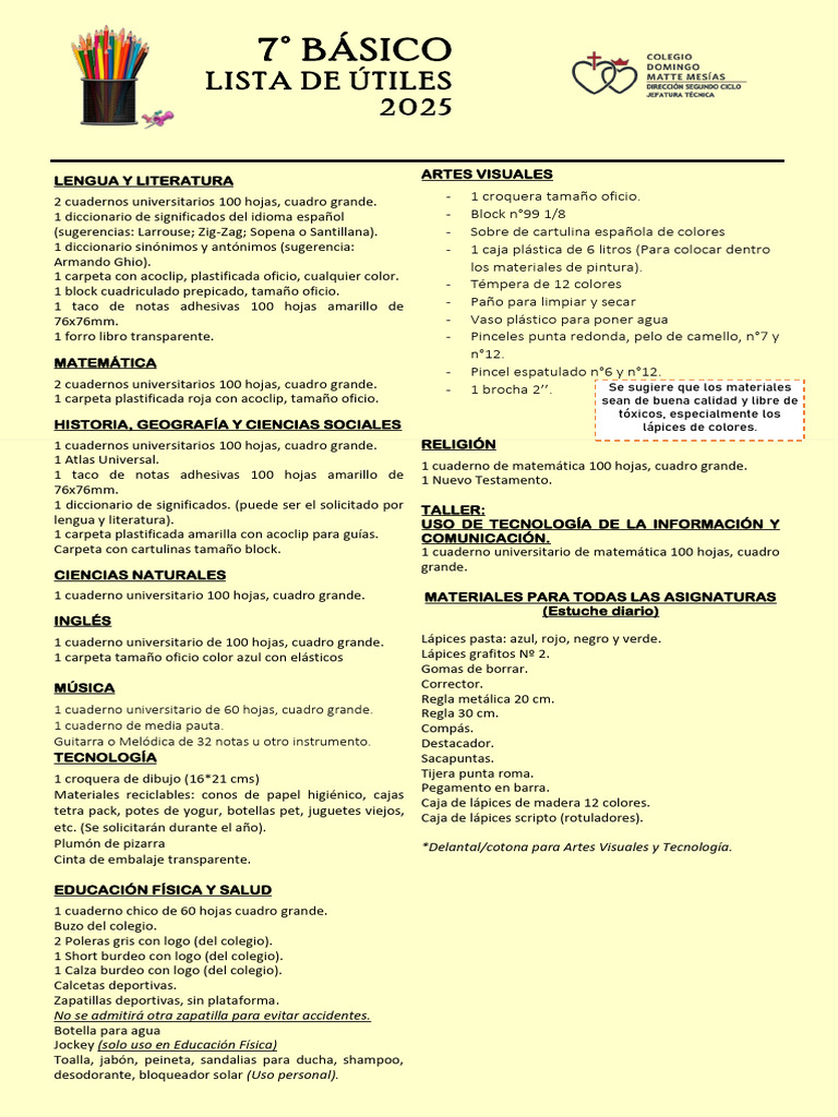Lista de Utiles 7° Basico 2025 | PDF