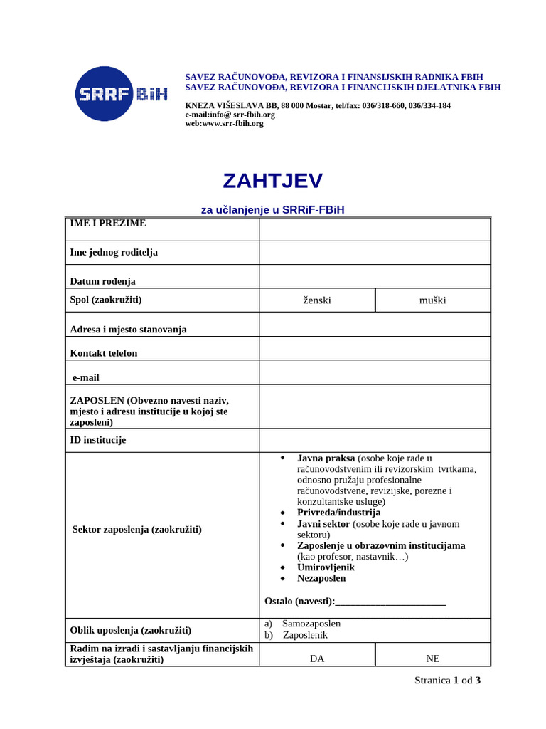 Zahtjev Za Učlanjenje U Savez | PDF