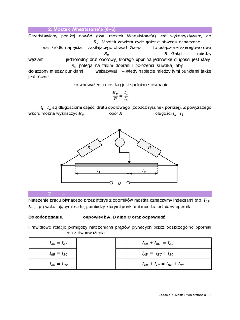 Zadanie 2. Mostek Wheatstone'a (0-6) | PDF
