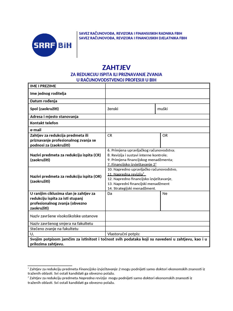 Zahtjev za redukciju ispita | PDF