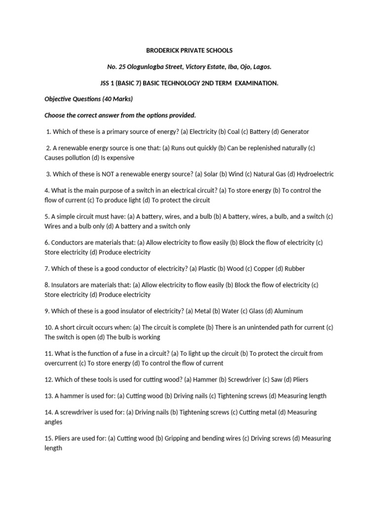 Mr. Nweke Basic Tech and Math Exam Questions For Jss 1-3 | PDF ...