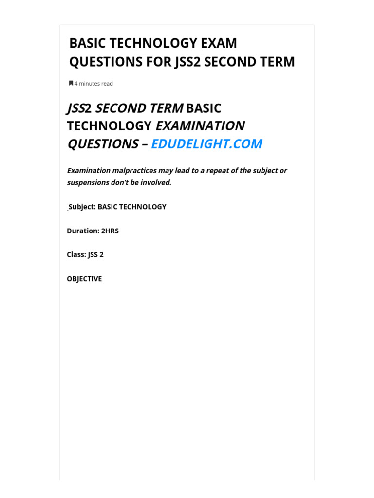Basic Technology Exam Questions For Jss2 Second Term | PDF | Rectangle | Triangle