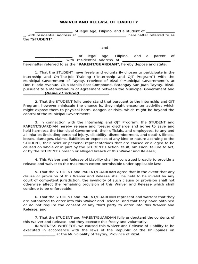 Waiver and Release of Liability Form | PDF | Public Law | Civil Law ...