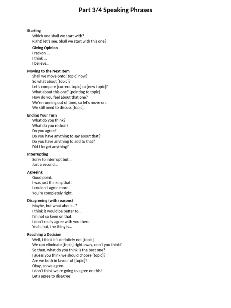 FCE Speaking Parts 3 & 4 Phrases | PDF