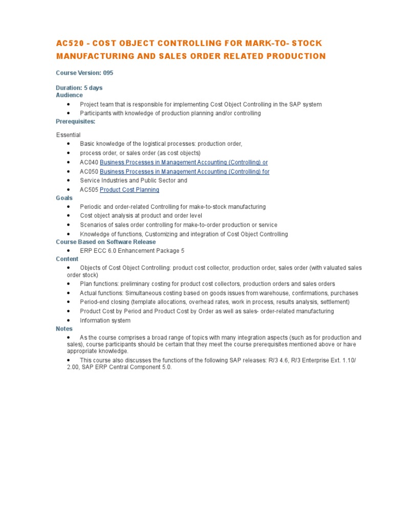 Cost Object Controlling in SAP | PDF