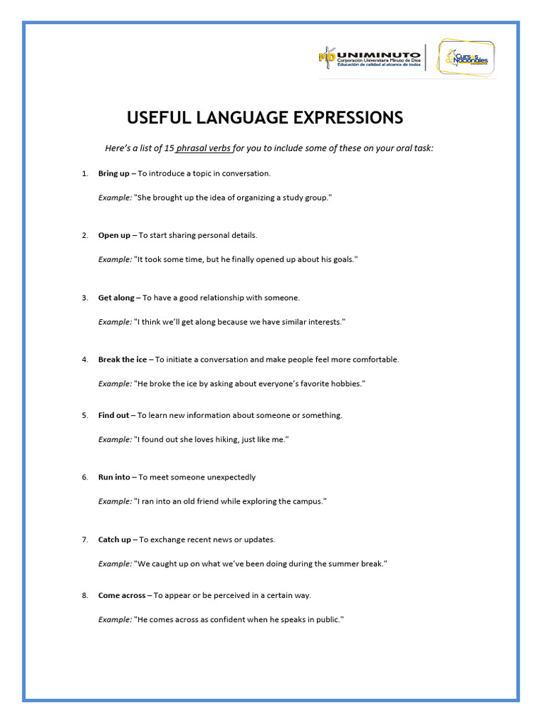 Useful Language Expressions (Oral Task English 1) | PDF
