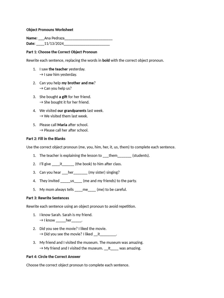 Object Pronouns Worksheet PDF | PDF