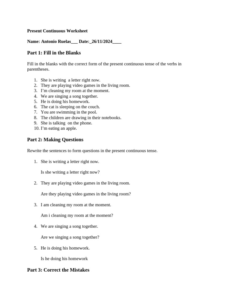 Present Continuous Tense Worksheet | PDF