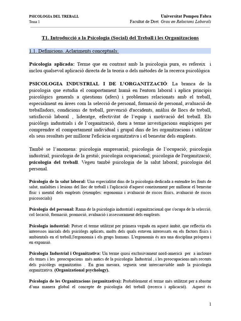 T1. Introducció A La Psicologia (Social) Del Treball I Les Organitzacions | PDF