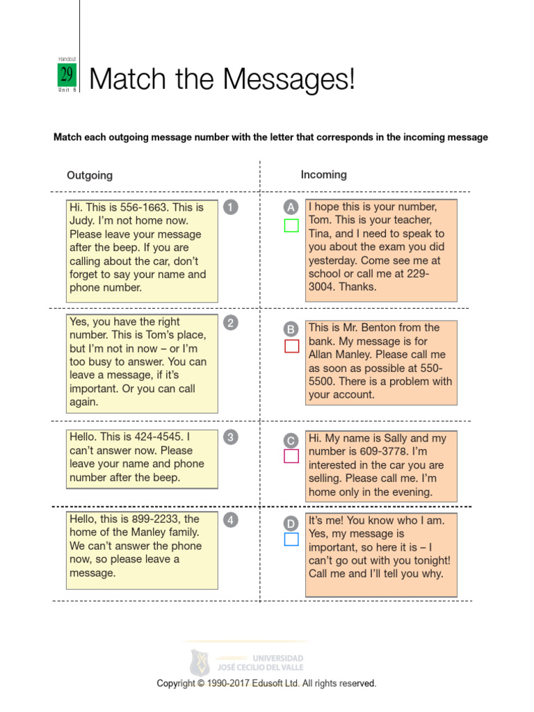 Tarea 11 Basic I Handout 29 Unit 6 About People Match The Messages | PDF
