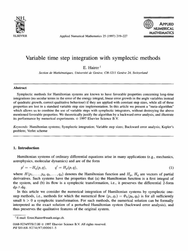 Variable Time Step Integration With Symplectic 1997 Applied Numerical ... Variable Time Step Integration With Symplectic 1997 Applied Numerical ...