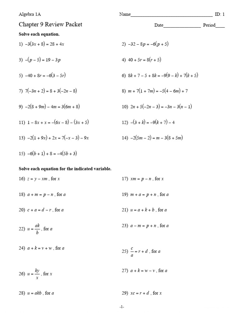 Alg1A - CH 9 Review Packet | PDF | Equations | Mathematics
