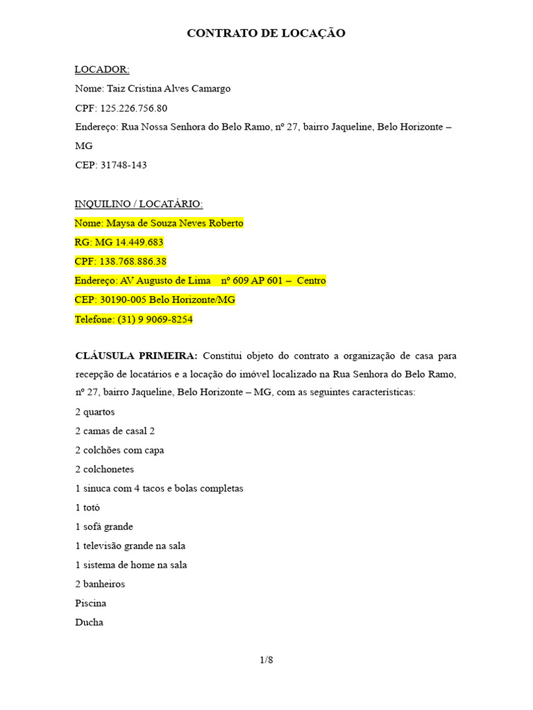 Contrato de Locação de Imóvel em BH | PDF | Piscina | Aluguel
