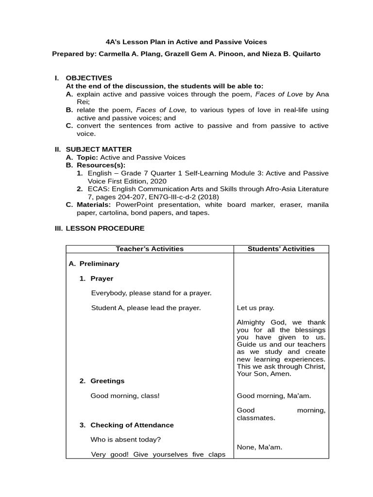 Active and Passive Voice Lesson Plan | PDF | Verb | Syntax