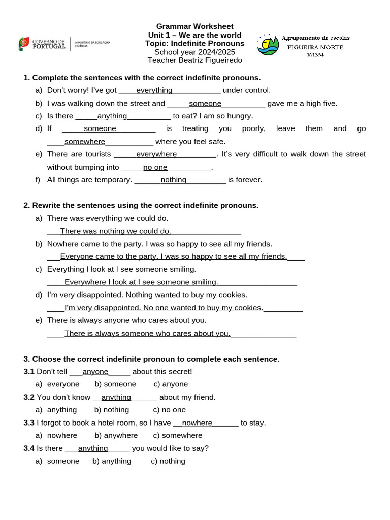 Rodrigo Honrado - Indefinite Pronouns - Worksheet | PDF