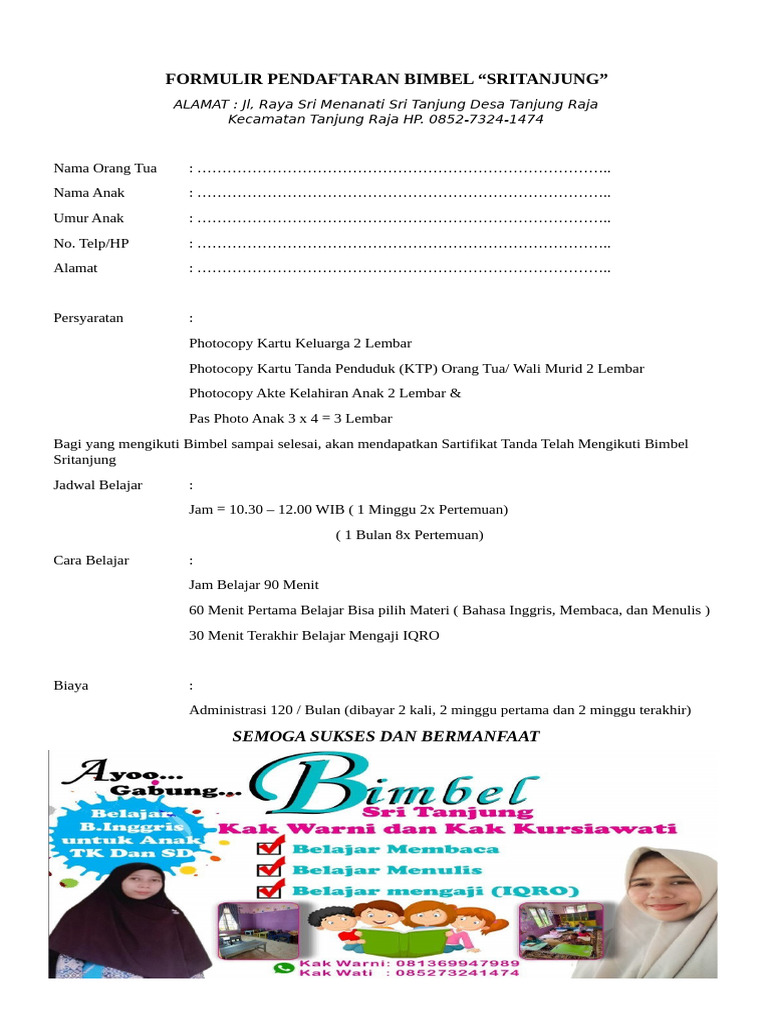FORMULIR PENDAFTARAN BIMBEL | PDF