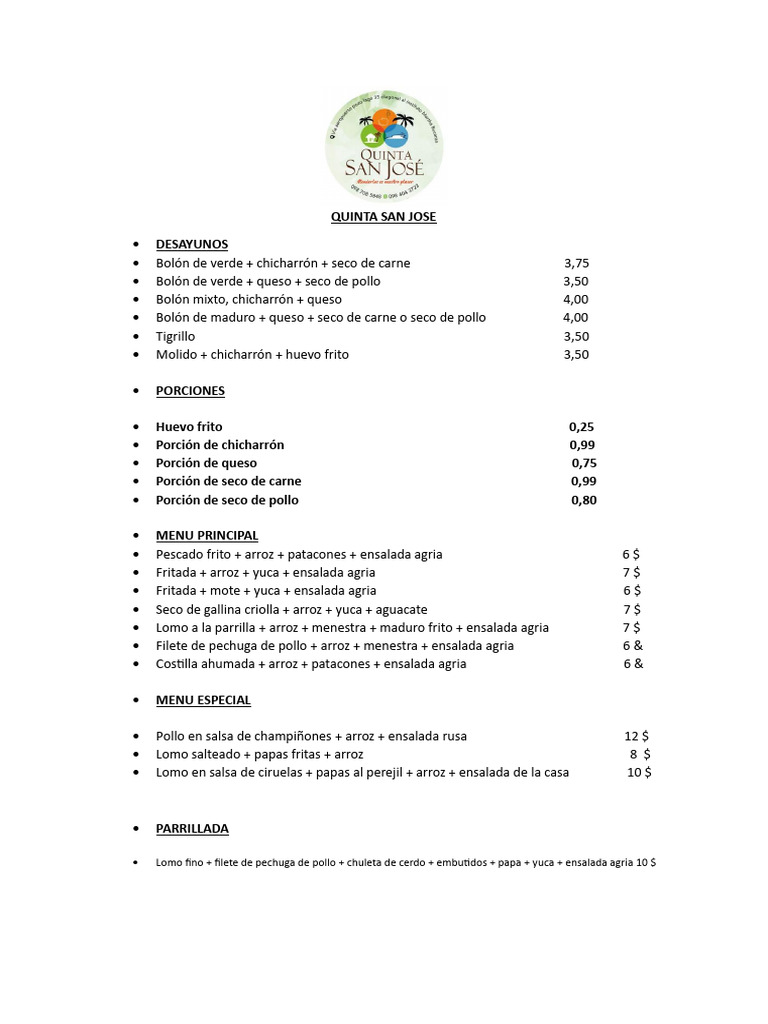 Menú variado de Quinta San José | PDF | Alimentos preparados | Cocina ...