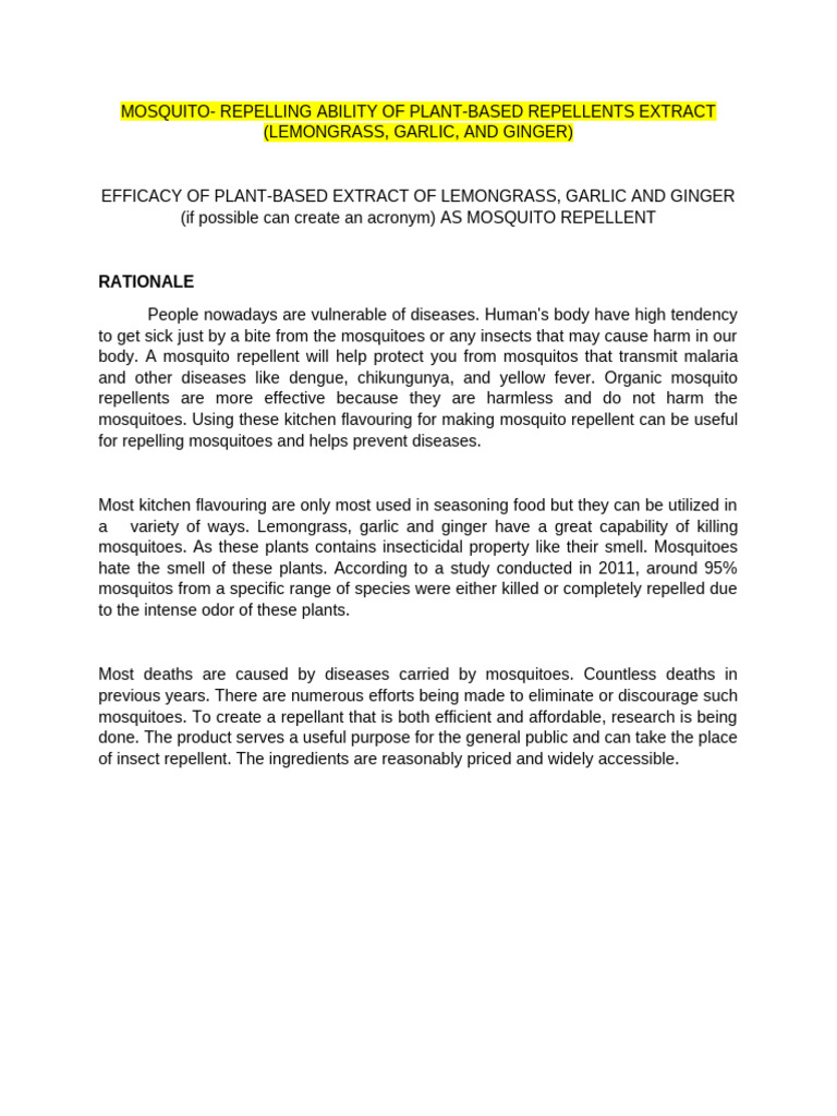 Mosquito Repelling Ability of Plant Based Repellent Extracts Lemongrass ...